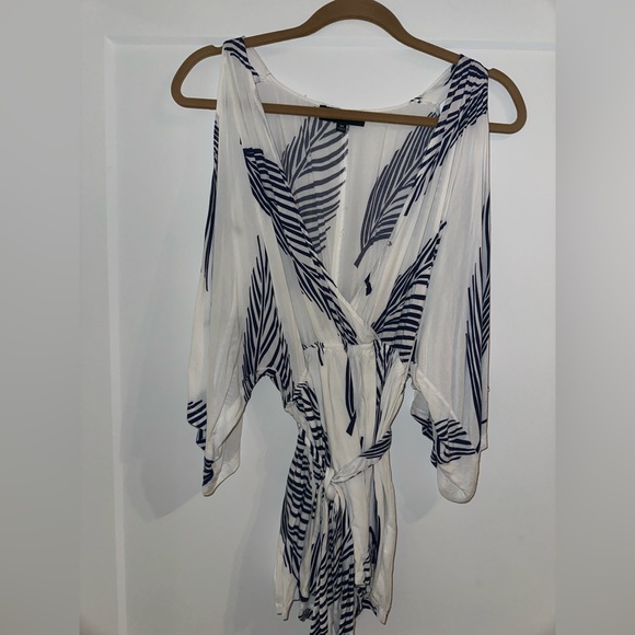 Aakaa | Pants & Jumpsuits | Blue And White Palm Patterned Romper | Poshmark
